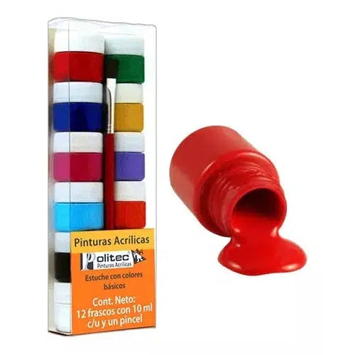 Kit Pinturas Acrílicas Politec 12 Colores 10 Ml C/u y Pincel Kit Pinturas Acrílicas Politec 12 Colores 10 Ml C/u y Pincel
