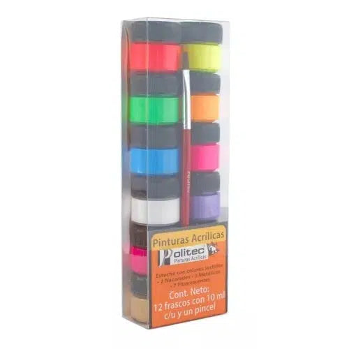 Kit Pinturas Acrílicas Politec 12 Colores Neón Y Metálicos 10 Ml C/u y Kit Pinturas Acrílicas Politec 12 Colores Neón Y Metálicos 10 Ml C/u y