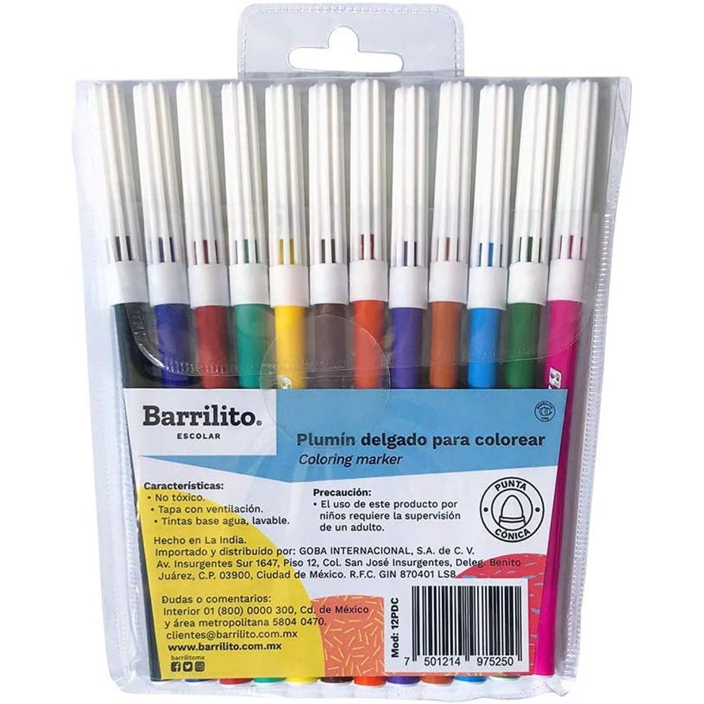 Plumones Punta Fina Base de Agua Colores Surtidos 12 Pieza(s). Marca B